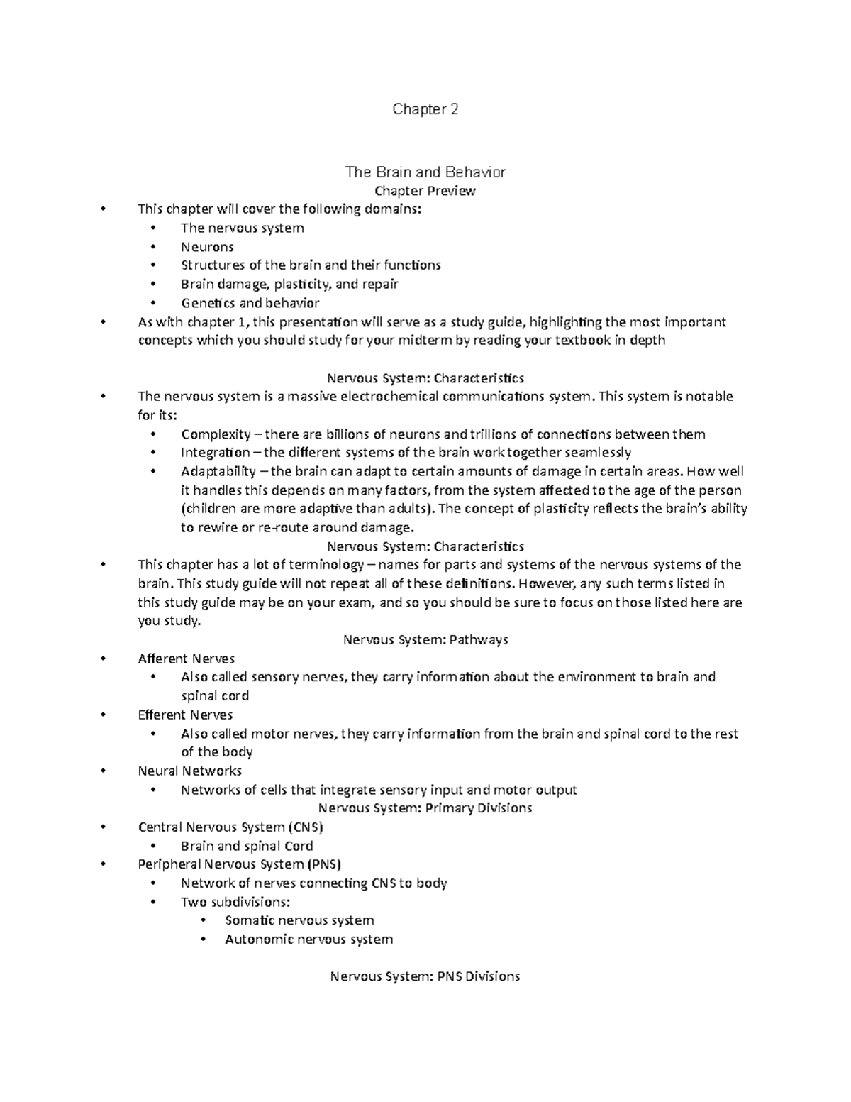 Ch 02 Study Guide - Chapter 2 • • • • • • • • • The Brain and Behavior ...