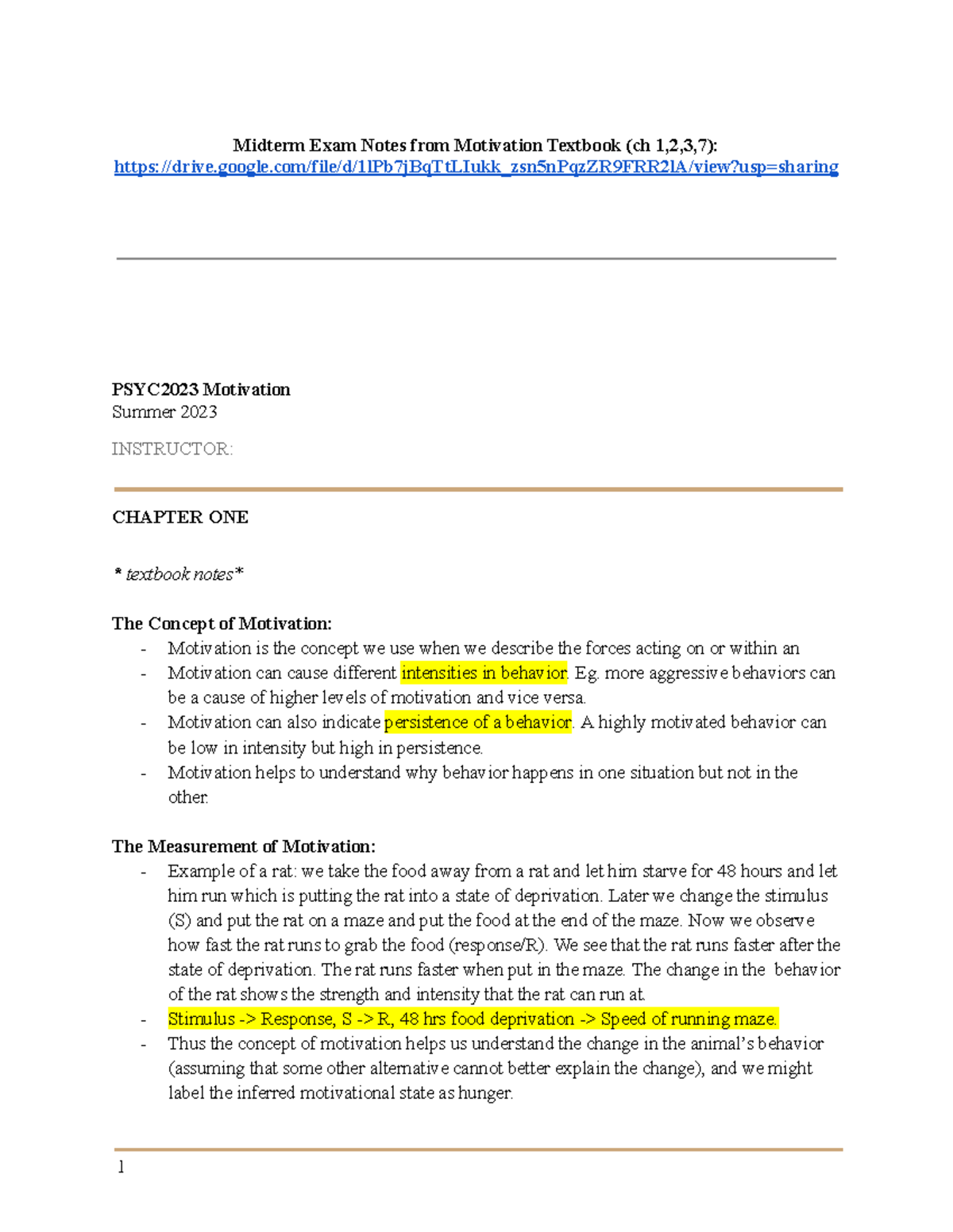 Class notes - Midterm Exam Notes from Motivation Textbook (ch 1,2,3,7 ...