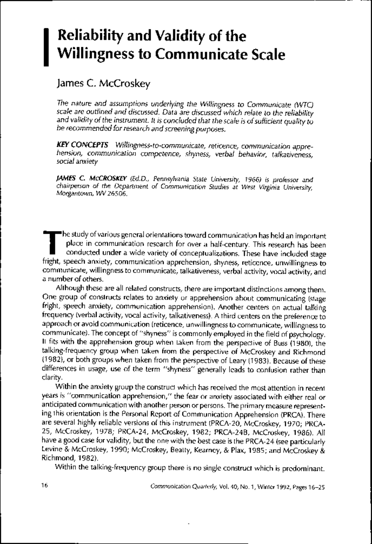 Reliablity and validity of the willingness to communicate scale ...