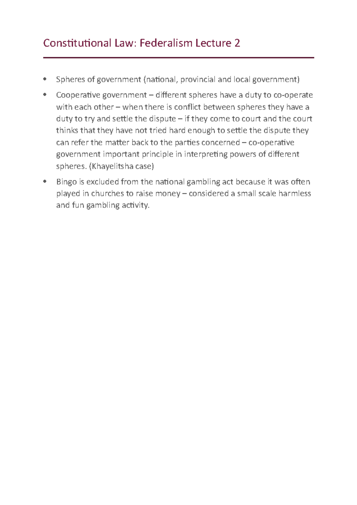 Federalism lecture 2 - Important notes for semester 1 and 2 of ...