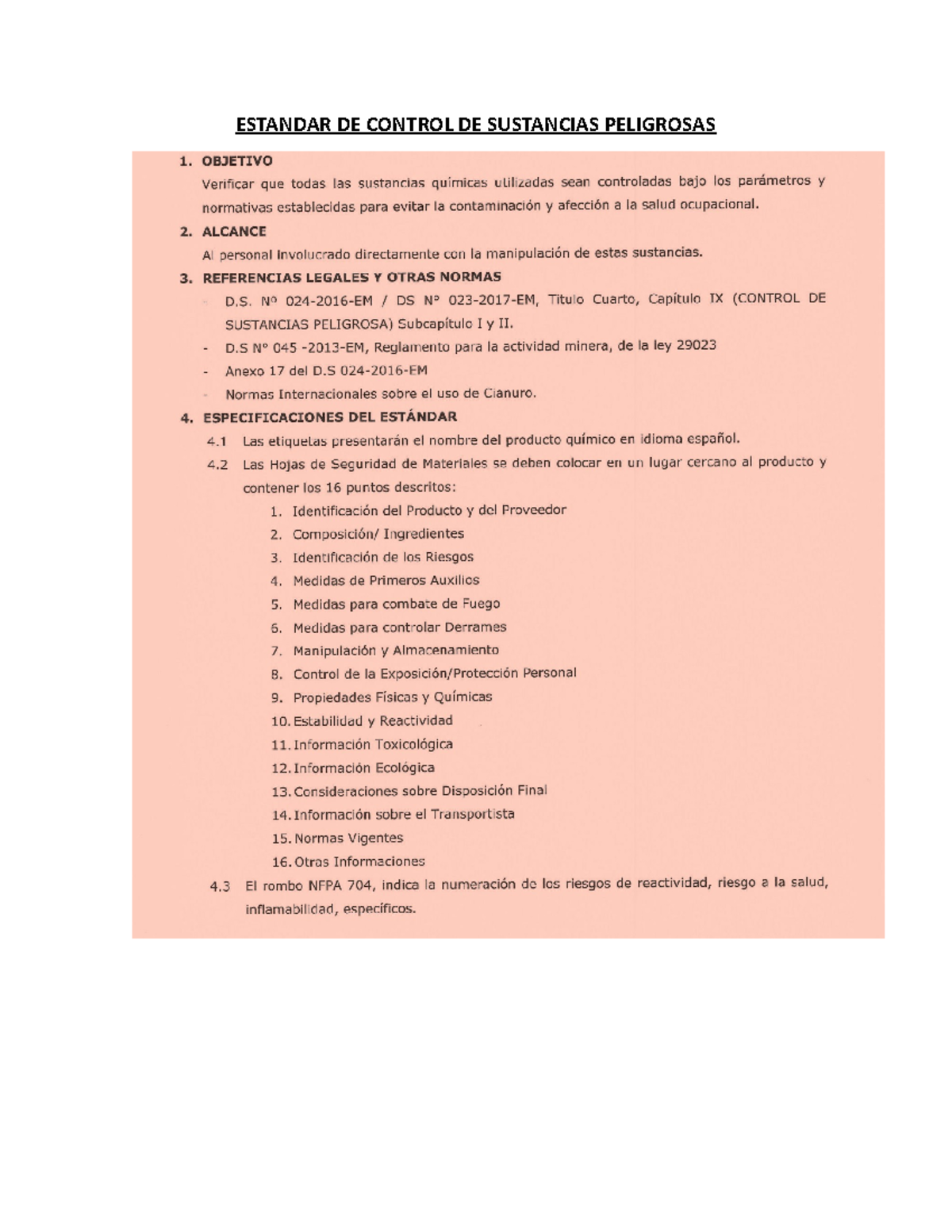Estandar DE Control DE Sustancias Peligrosas - Control De Procesos ...
