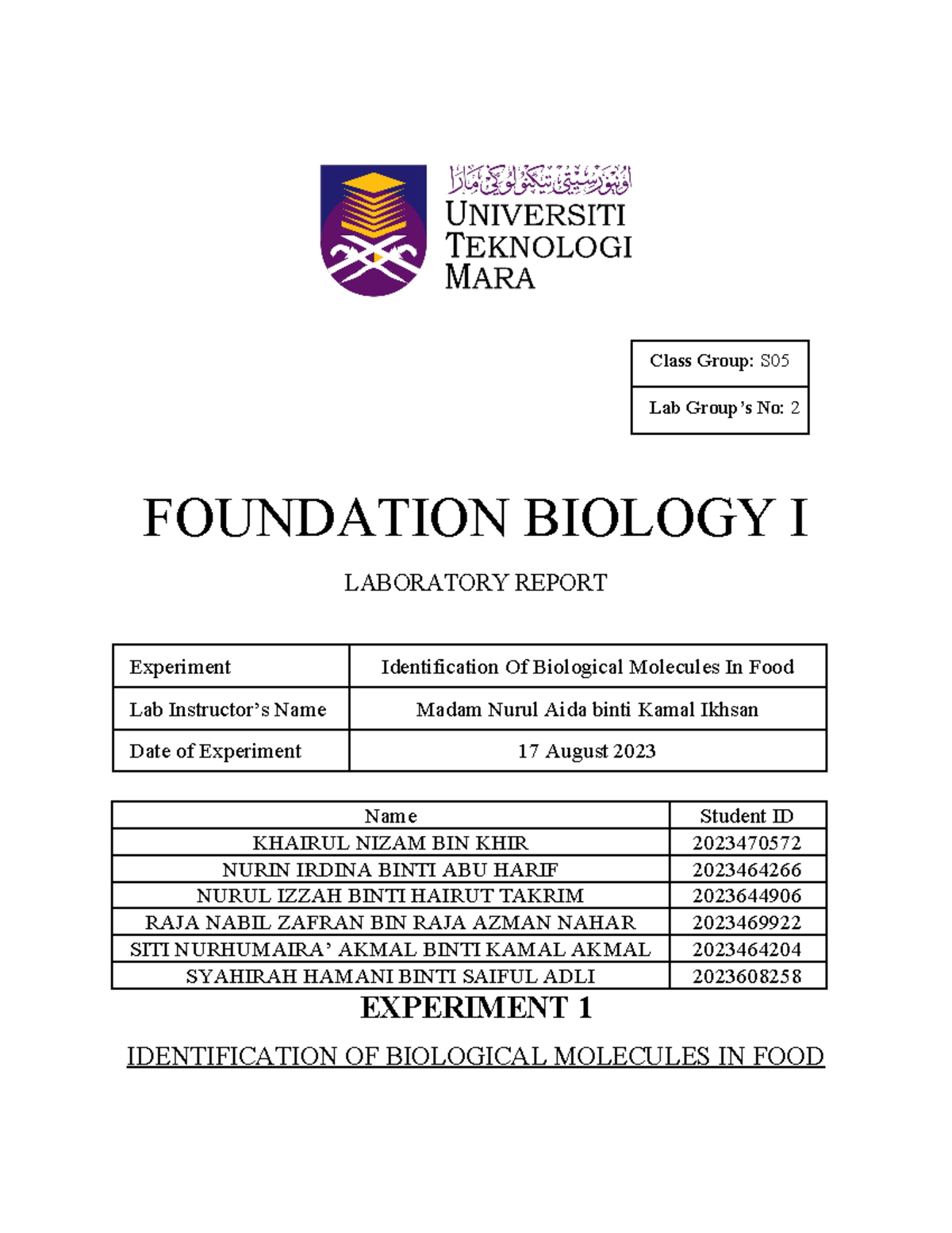 Biology Report - Identification of Biological Molecules in Food - Class ...