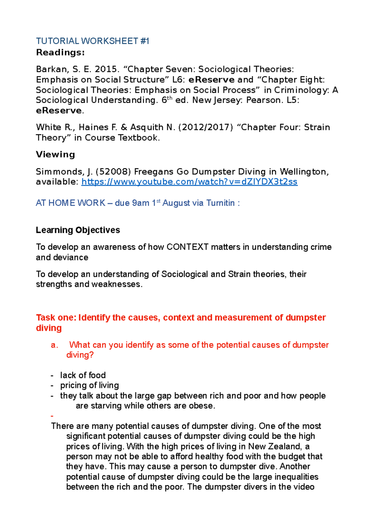 Tutorial Worksheet 2 - TUTORIAL WORKSHEET Readings: Barkan, S. E. 2015 ...