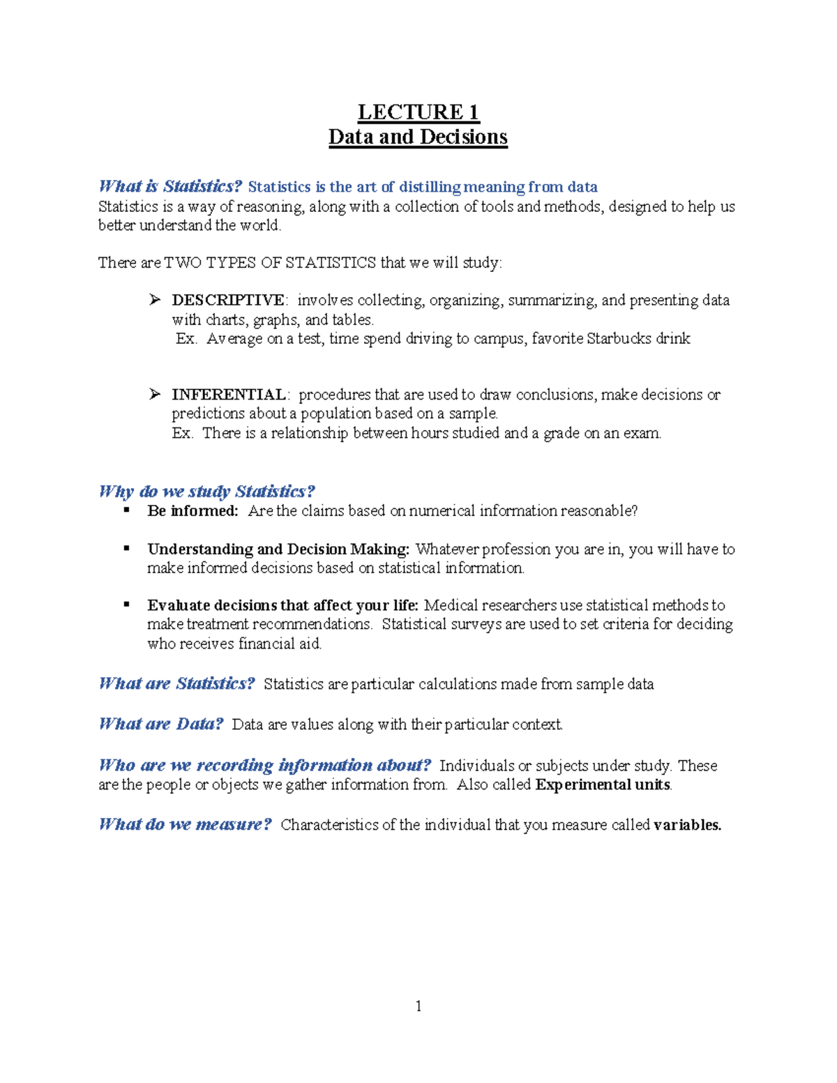 Stats LEC 1 - Lecture 1 notes - LECTURE 1 Data and Decisions What is ...