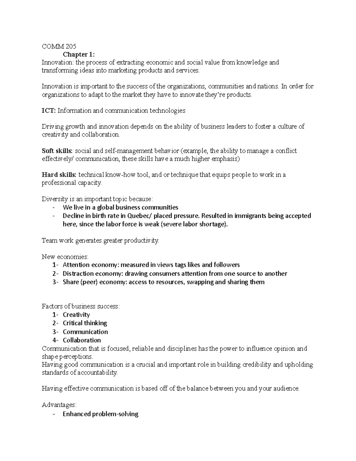 COMM 205 - notes - COMM 205 Chapter 1: Innovation: the process of ...