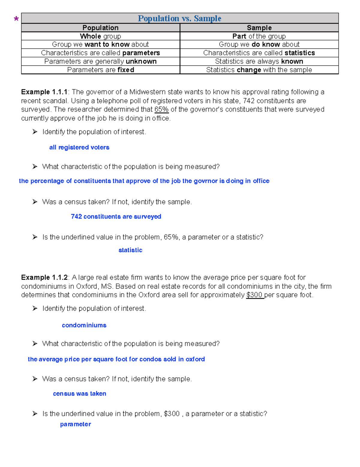 Chapter 1 Notes Pg 2 - Population vs. Sample Population Sample Whole ...