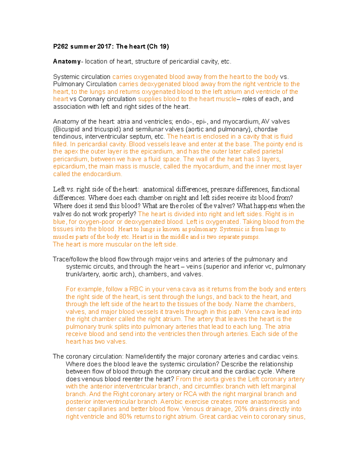Review sheet the heart - P262 summer 2017: The heart (Ch 19) Anatomy ...