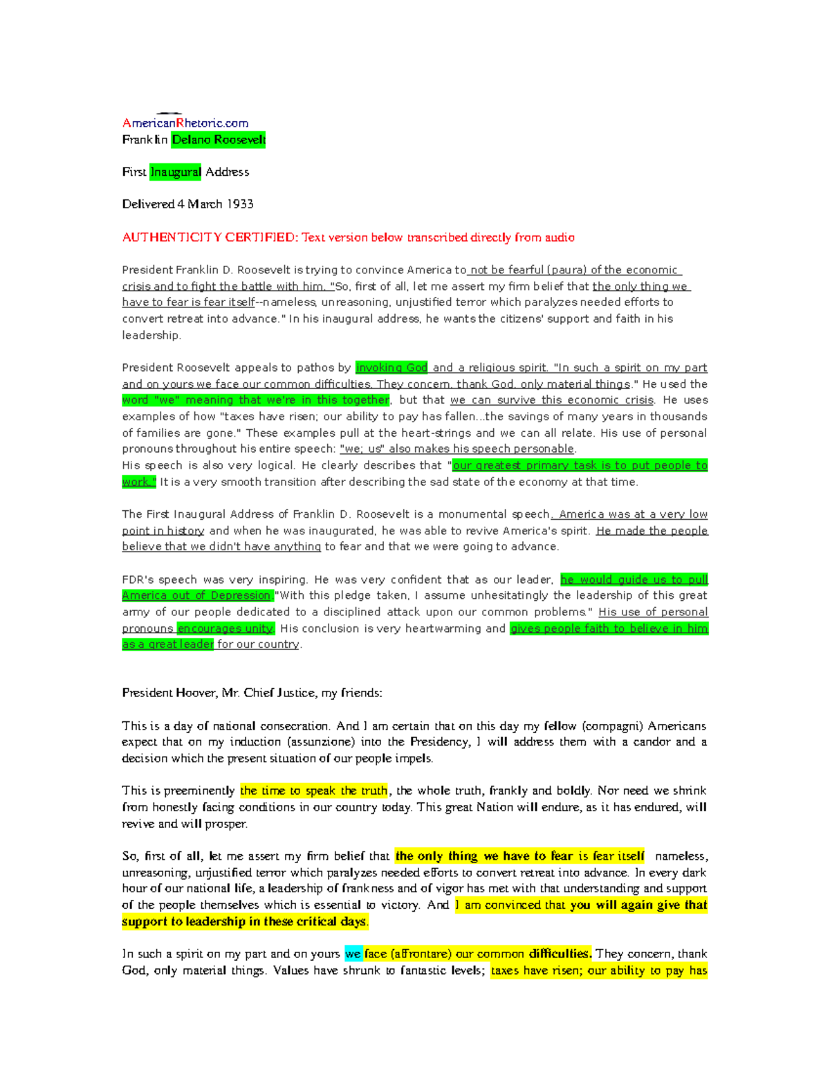 Roosvelt 2 - appunti - AmericanRhetoric Franklin Delano Roosevelt First ...