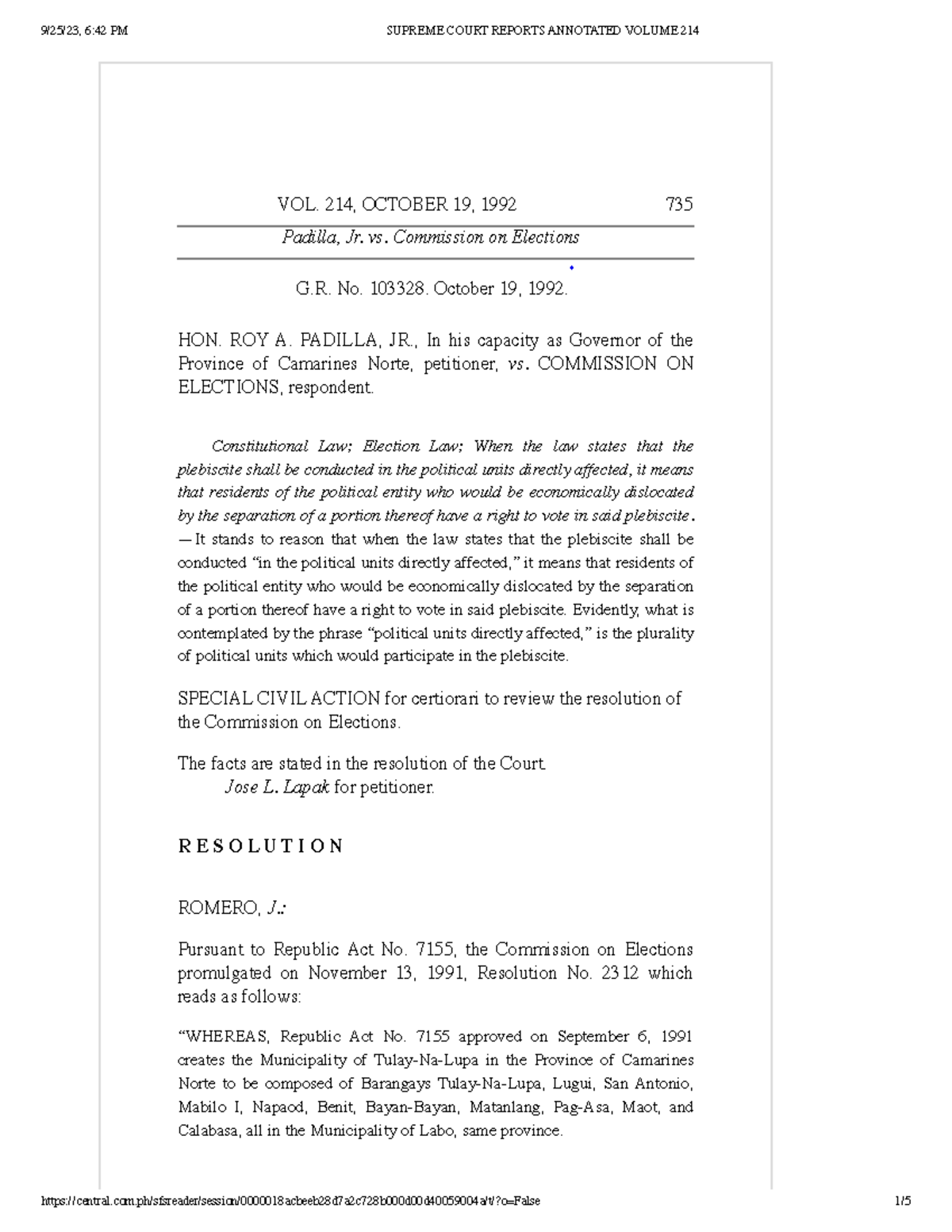 8. Padilla-Jr-v-Comelec - VOL. 214, OCTOBER 19, 1992 735 Padilla, Jr ...