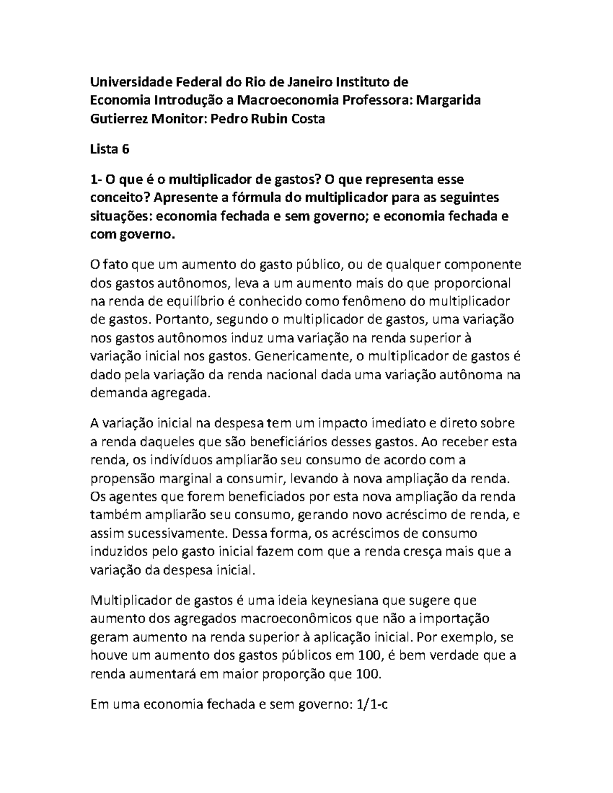 Lista 6 gabarito - Professora Margarida - Universidade Federal do Rio ...