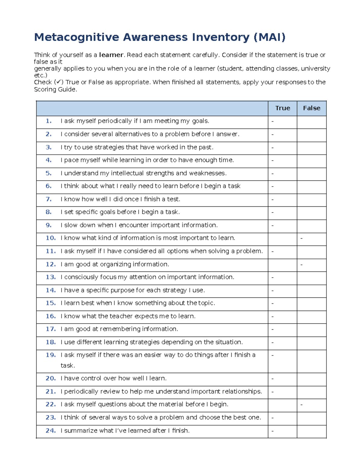 Metacognitive worksheet - Metacognitive Awareness Inventory (MAI) Think ...