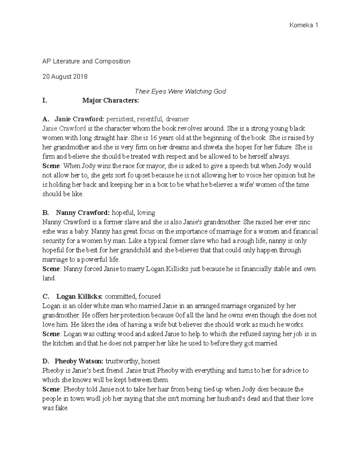 Their Eyes Were Watching God Assignment - Komeka 1 AP Literature and ...