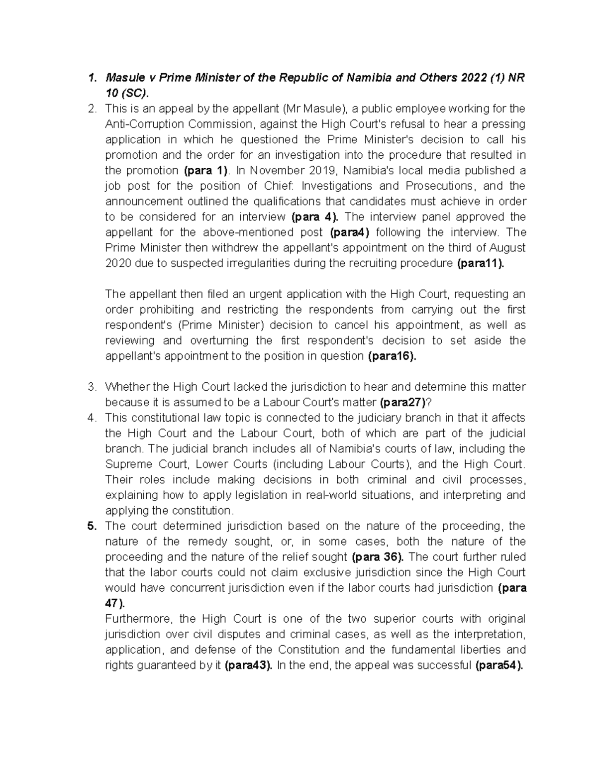 Masule v Prime Minister of the Republic of Namibia and Others 2022 ...
