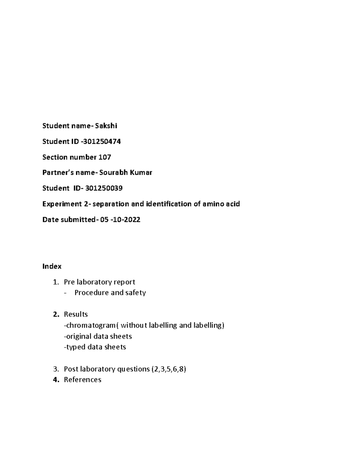 Experiment 2 Lab report - Student name- Sakshi Student ID - Section ...