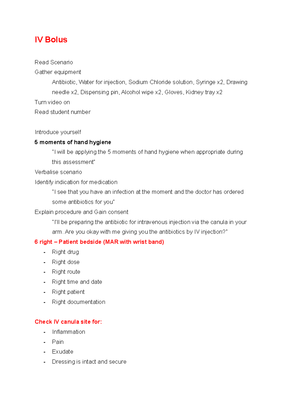 IV Bolus Skills Test - IV Bolus Read Scenario Gather equipment ...