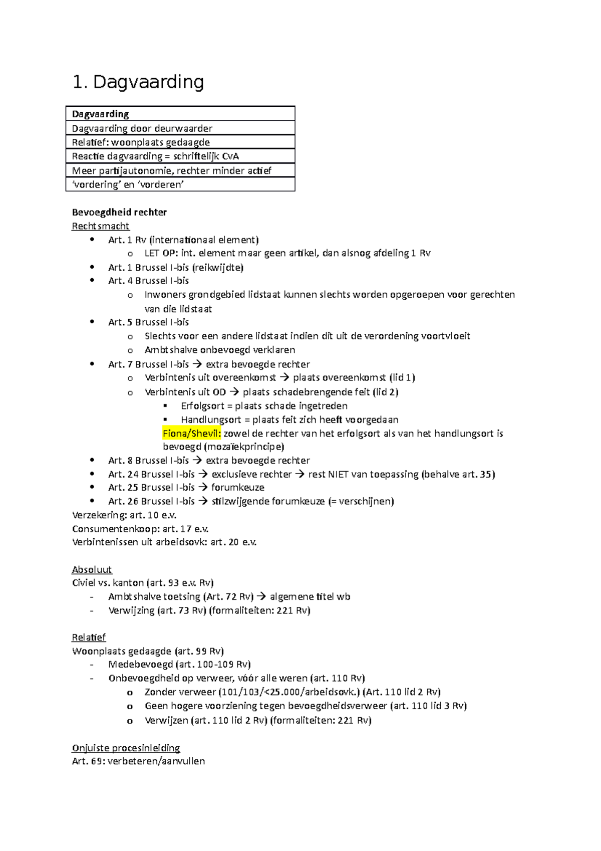 Samenvatting 2022 - 1. Dagvaarding Dagvaarding Dagvaarding door deurwaarder Relatief: woonplaats ...