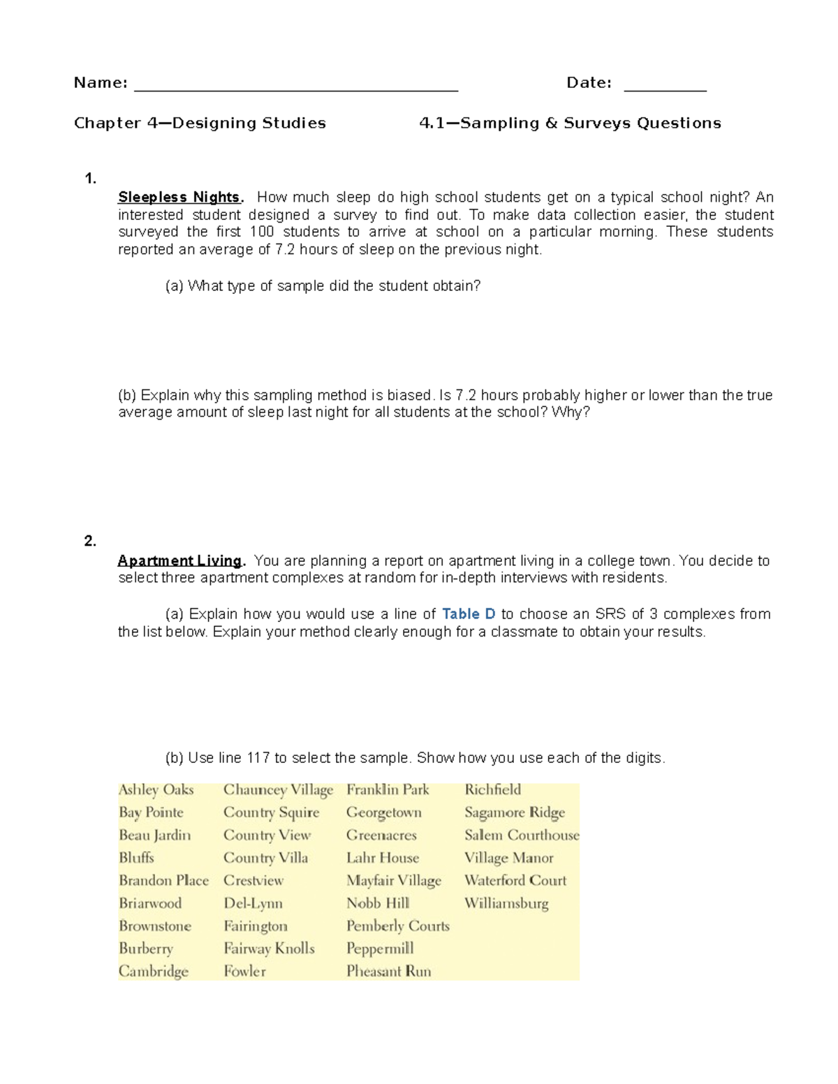 4.1 Sampling and Surveys Problem Set - Name ...