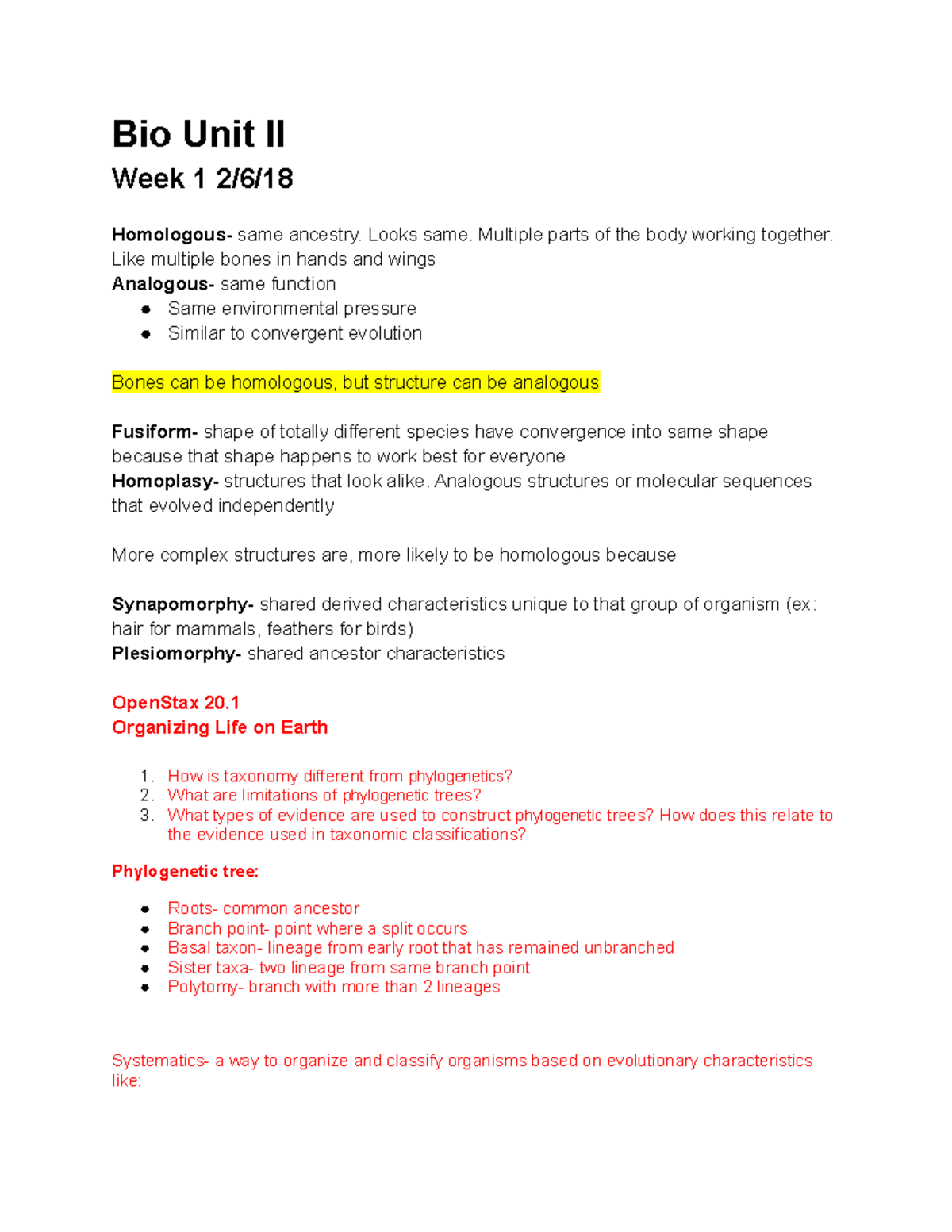 Bio Unit II - Lecture notes 2 - Bio Unit II Week 1 2/6/ Homologous ...