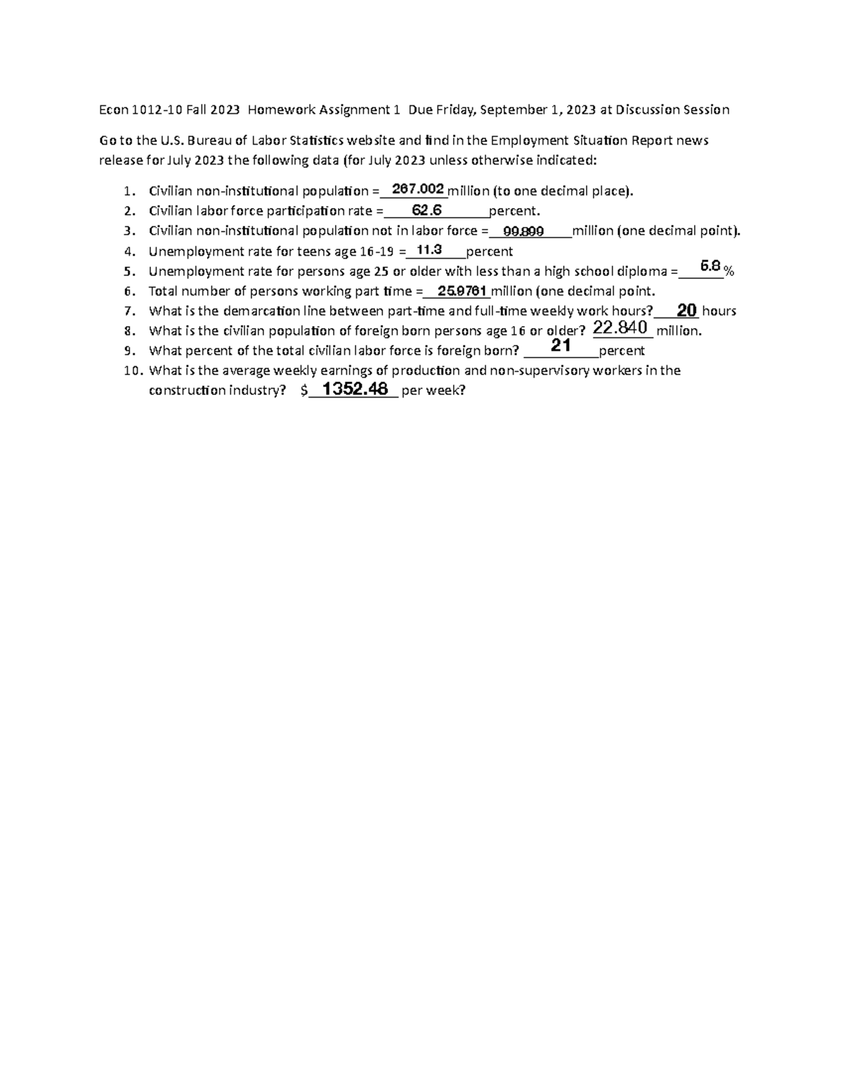 Homework assignment 1 Ecofn 1012 Fall 2023 - Econ 1012-10 Fall 2023 ...