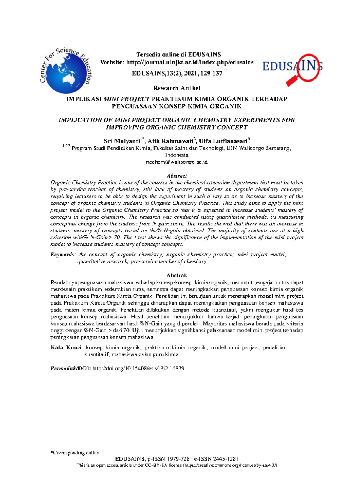 16879 73476 1 PB - jurnal - *Corresponding author EDUSAINS, p-ISSN 1979 ...