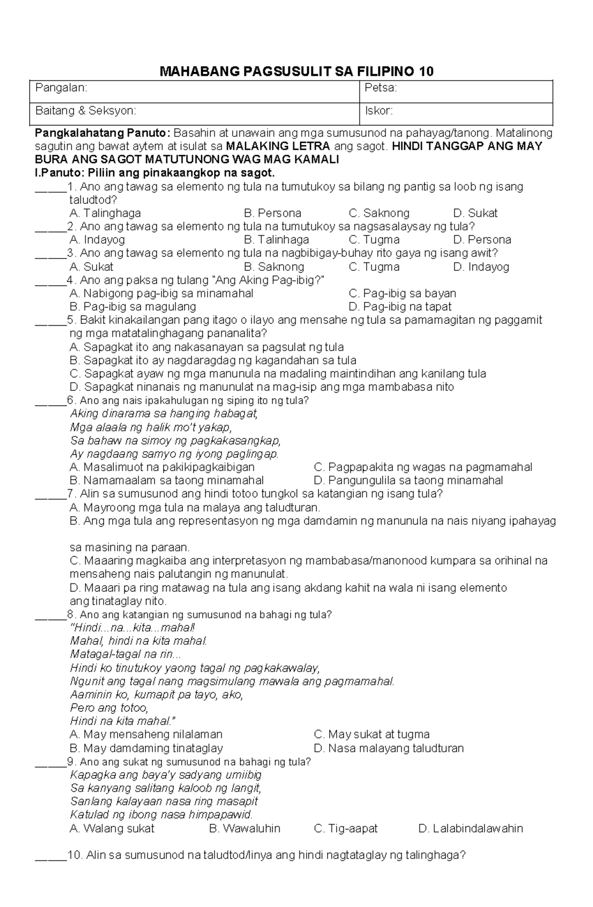 123 - Documents - MAHABANG PAGSUSULIT SA FILIPINO 10 Pangalan: Petsa ...