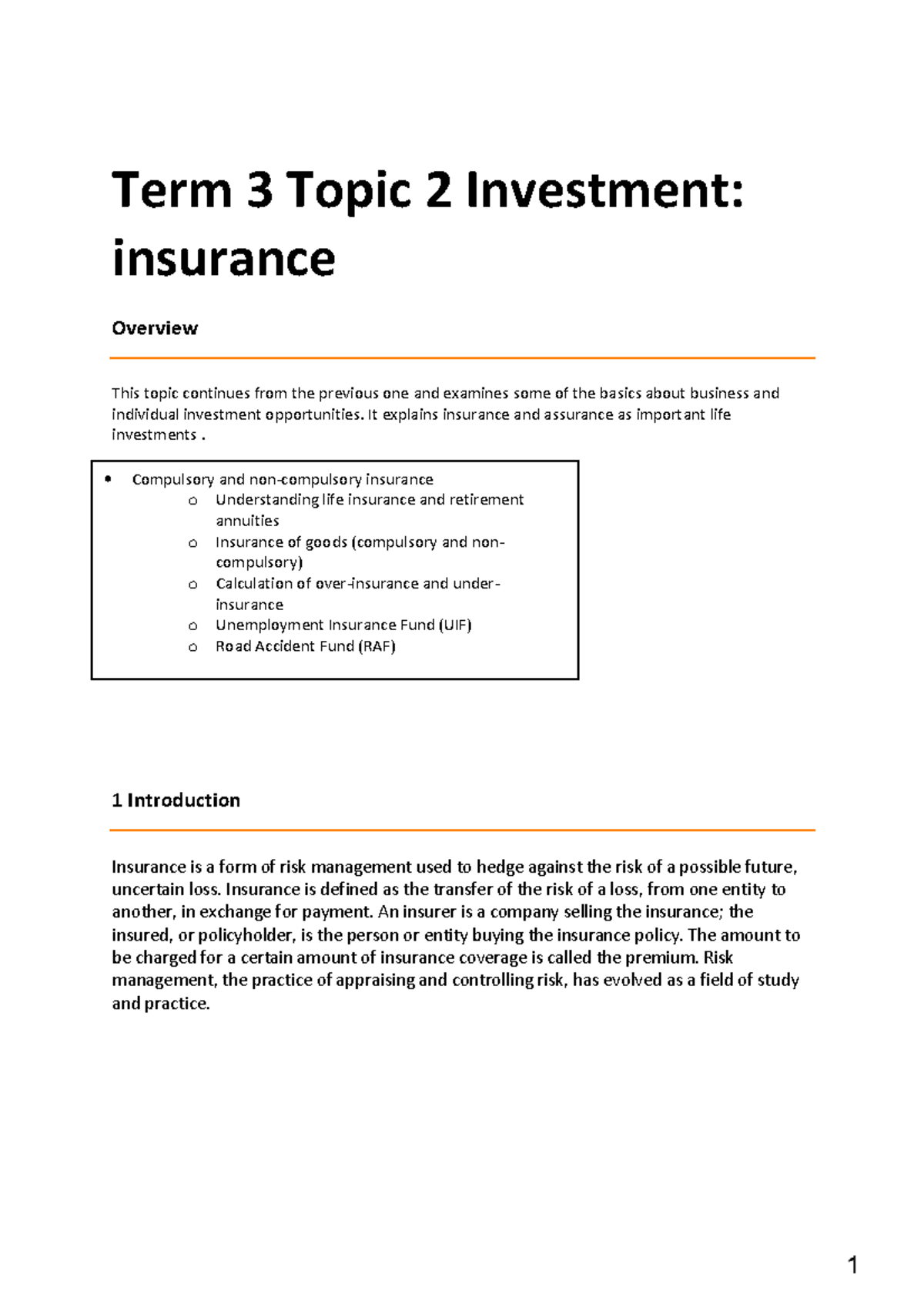 Investment Insurance - Term 3 Topic 2 Investment: insurance Overview ...