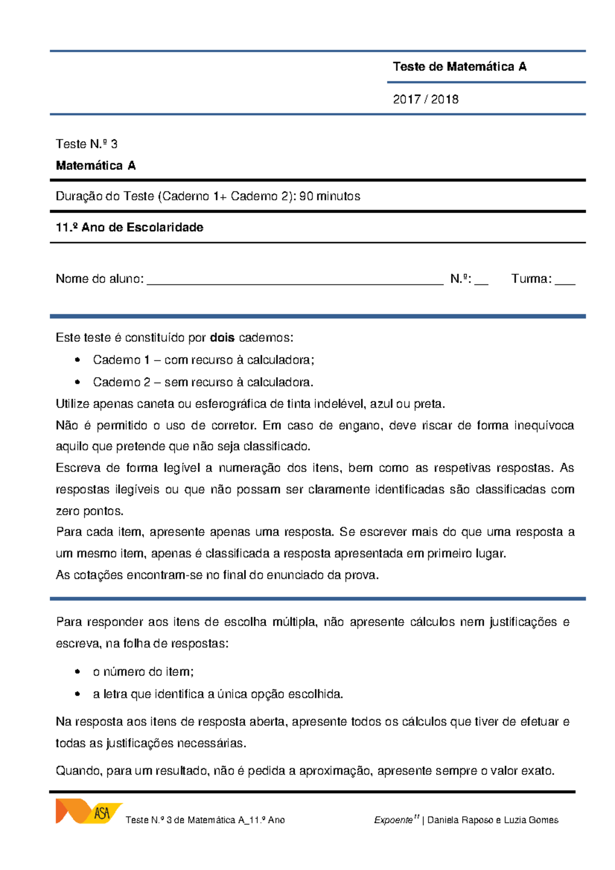 prova 3 matematica 2017 - Teste de Matemática A 2017 / 2018 Teste N.º 3 ...