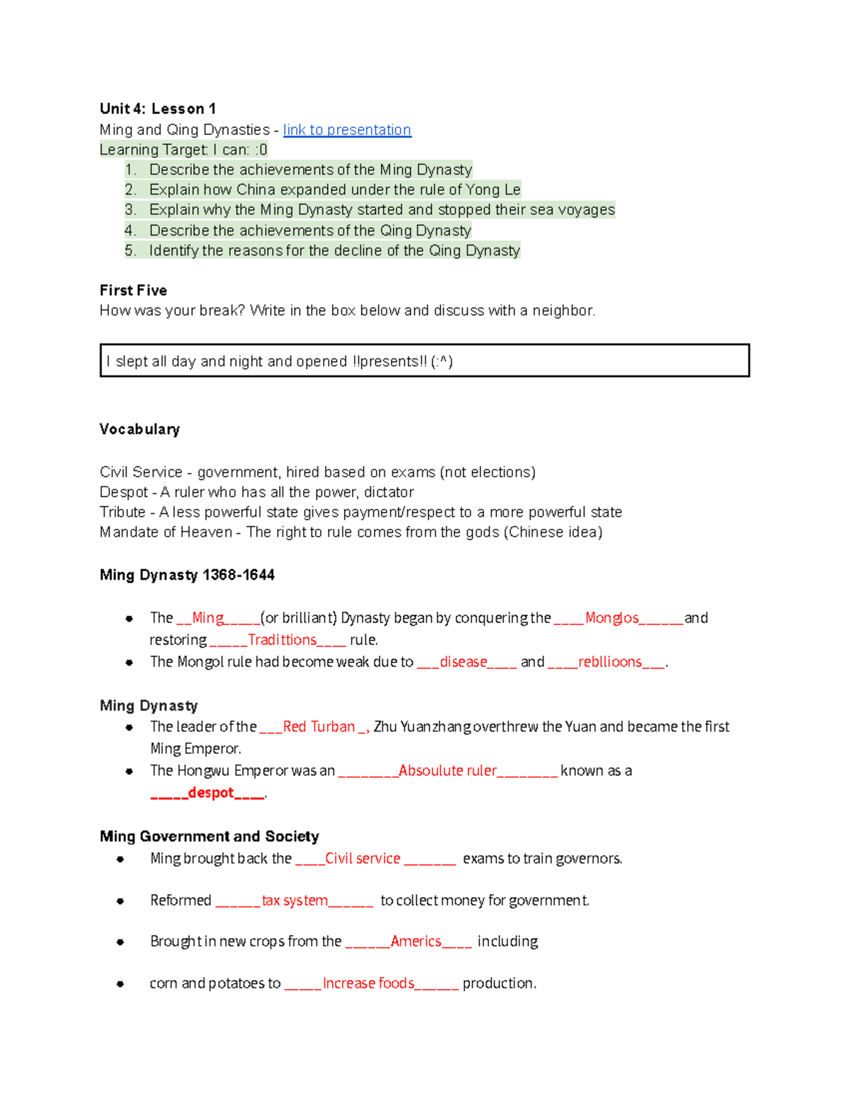 Autumn Sow - Unit 4 Lesson 1 - The Ming and Qing Study Guide - 17413062 ...