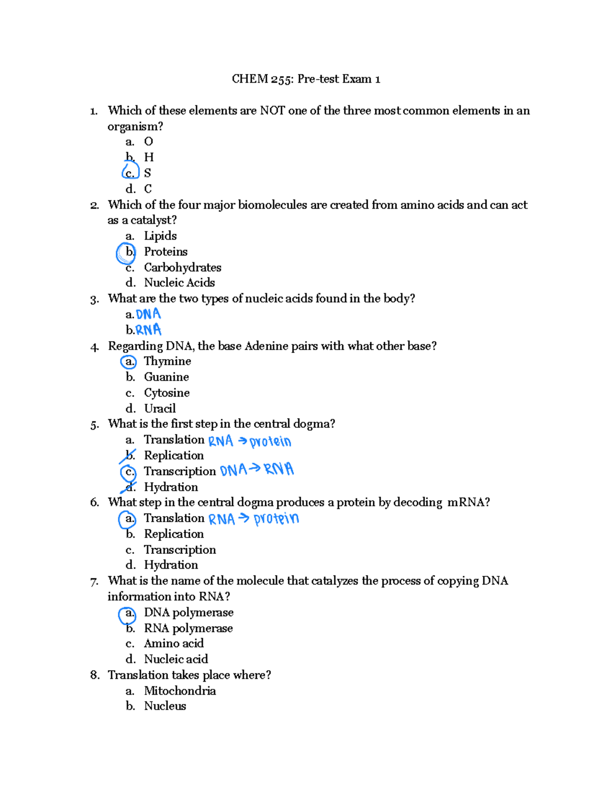 CHEM 255 Pre-test 1 - Pre test for exam one - CHEM 255: Pre-test Exam 1 ...