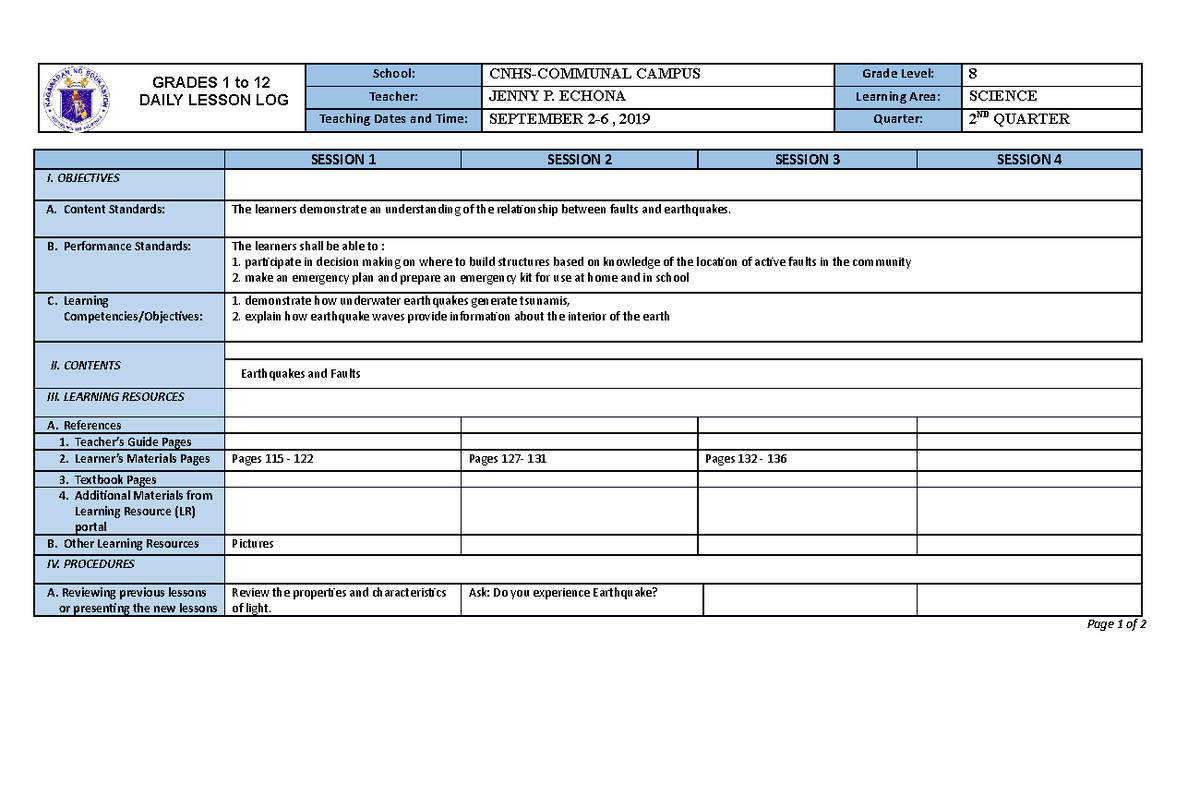 DLL- Sample - GRADES 1 to 12 DAILY LESSON LOG School: CNHS-COMMUNAL ...