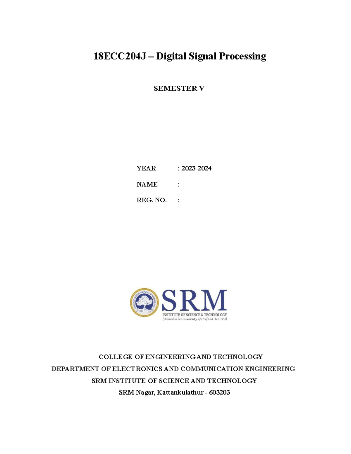 DSP Index & Cover page - ... - 18ECC204J – Digital Signal Processing ...