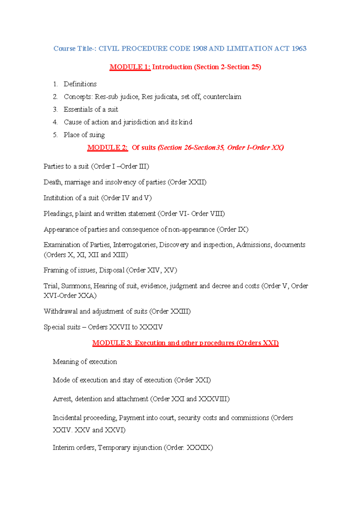 CPS syllabus - dvzcv - Course Title-: CIVIL PROCEDURE CODE 1908 AND ...