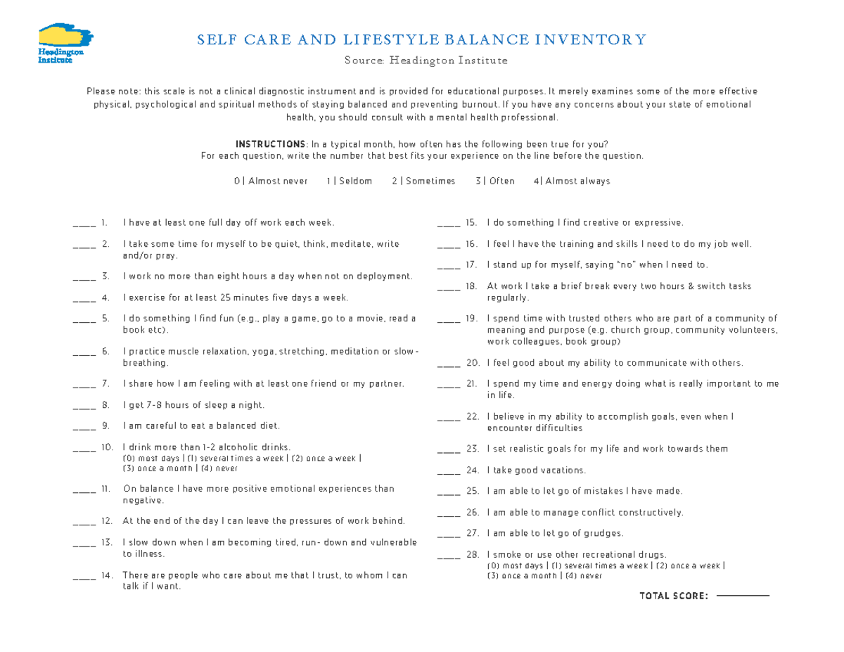 R16 self care lifestyle inventory - S E L F C A R E A N D L I F E S T Y ...