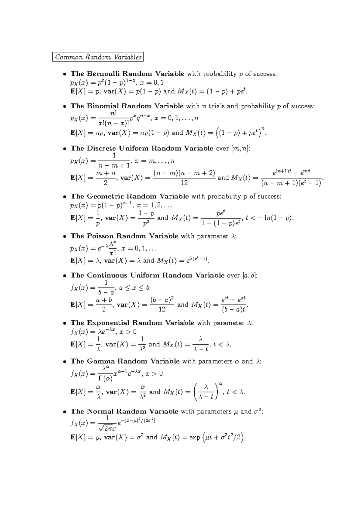 Formula sheet - Semester 1, 2018 Common Random Variables The Bernoulli ...