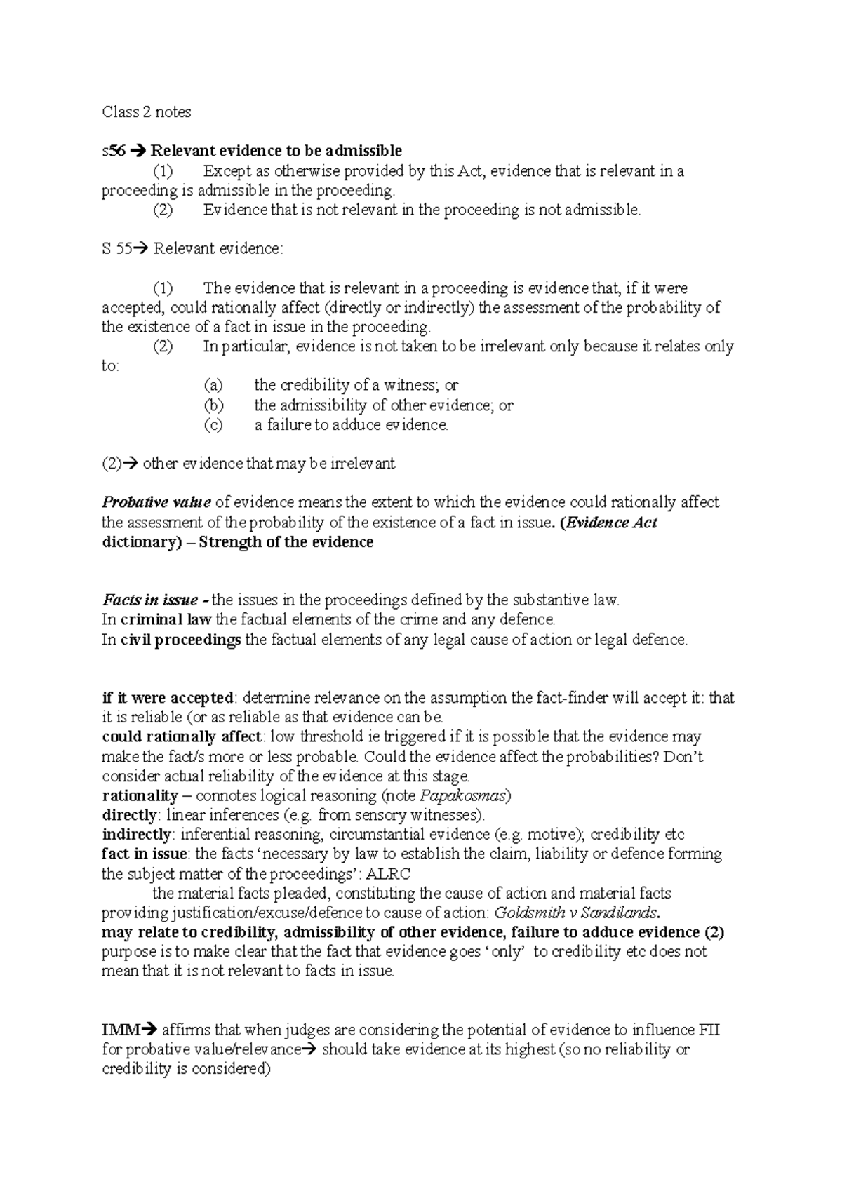 Notes for Class 2 - Class 2 notes s 56 Relevant evidence to be ...