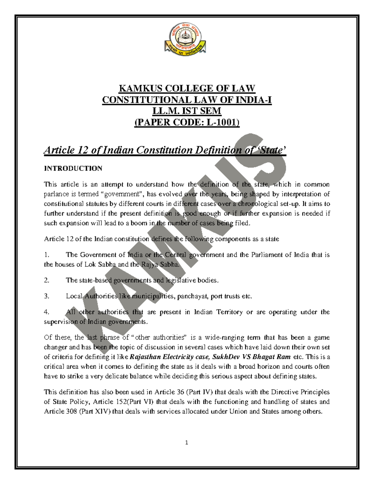 1673069453- Constitutionallawofindia-I - KAMKUS COLLEGE OF LAW ...