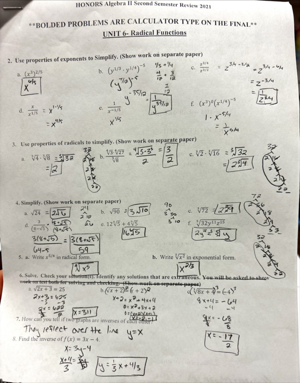 Spring review key - HONORS Algebra II Second Semester Review 2021 ...