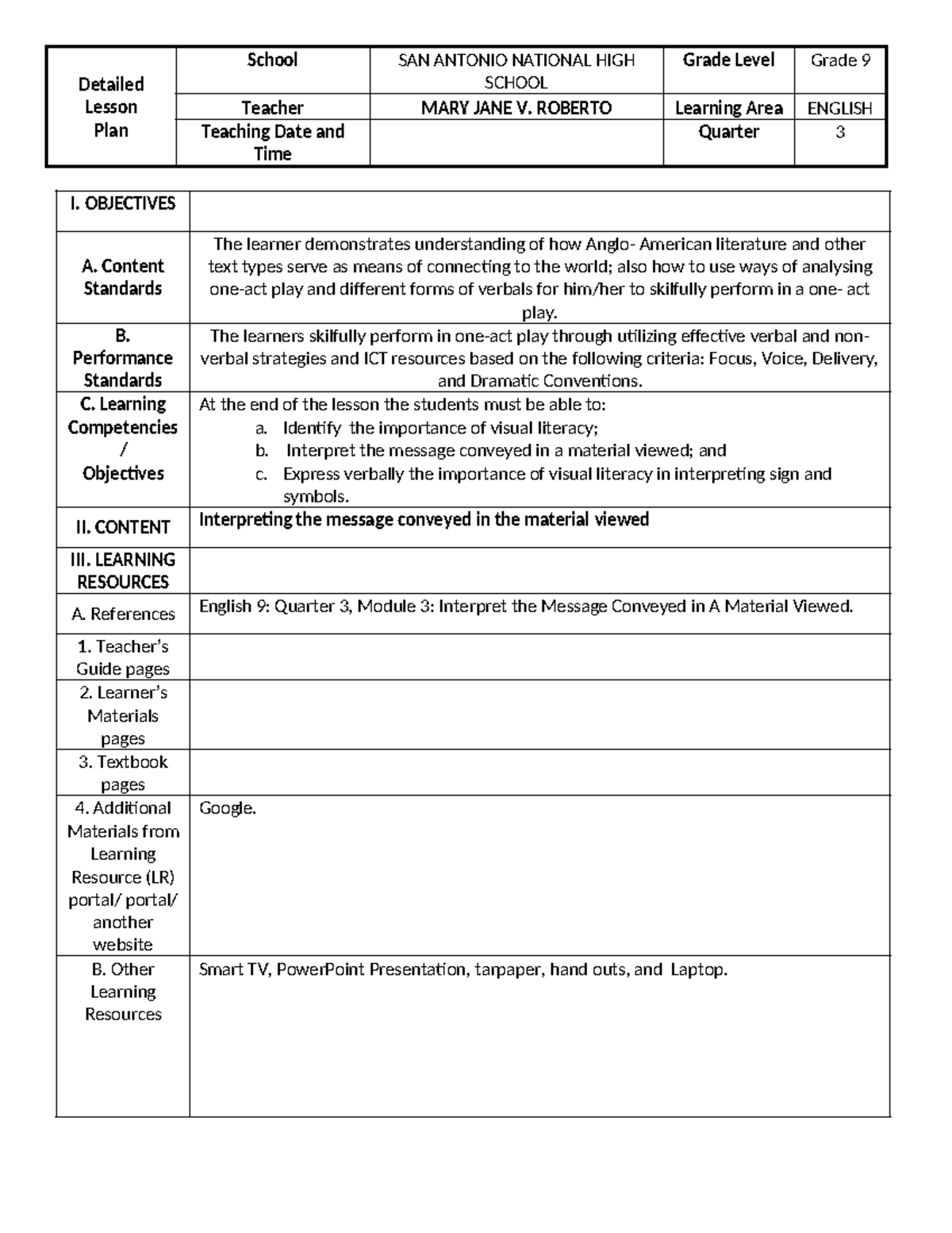 LP2- Interpreting - I. OBJECTIVES A. Content Standards The learner ...
