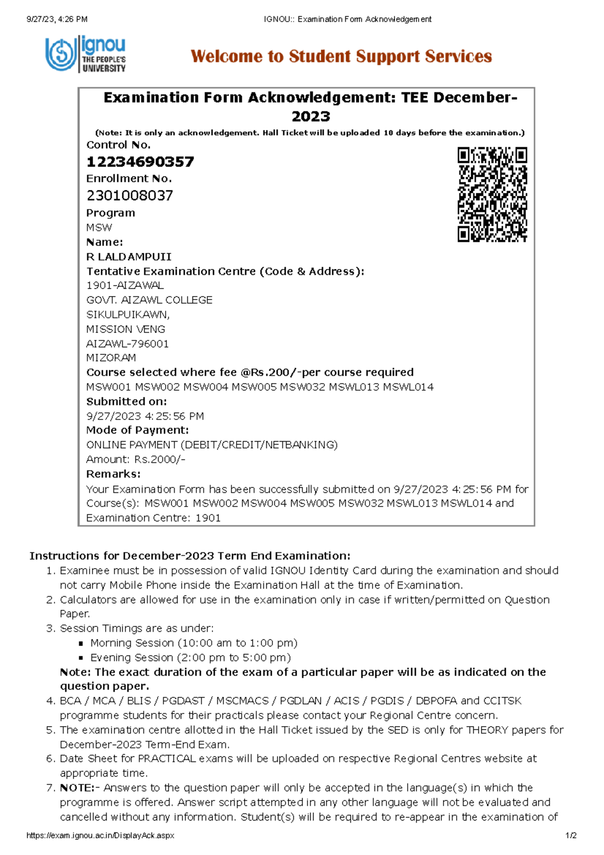 R Laldampuii - 9/27/23, 4:26 PM IGNOU:: Examination Form ...