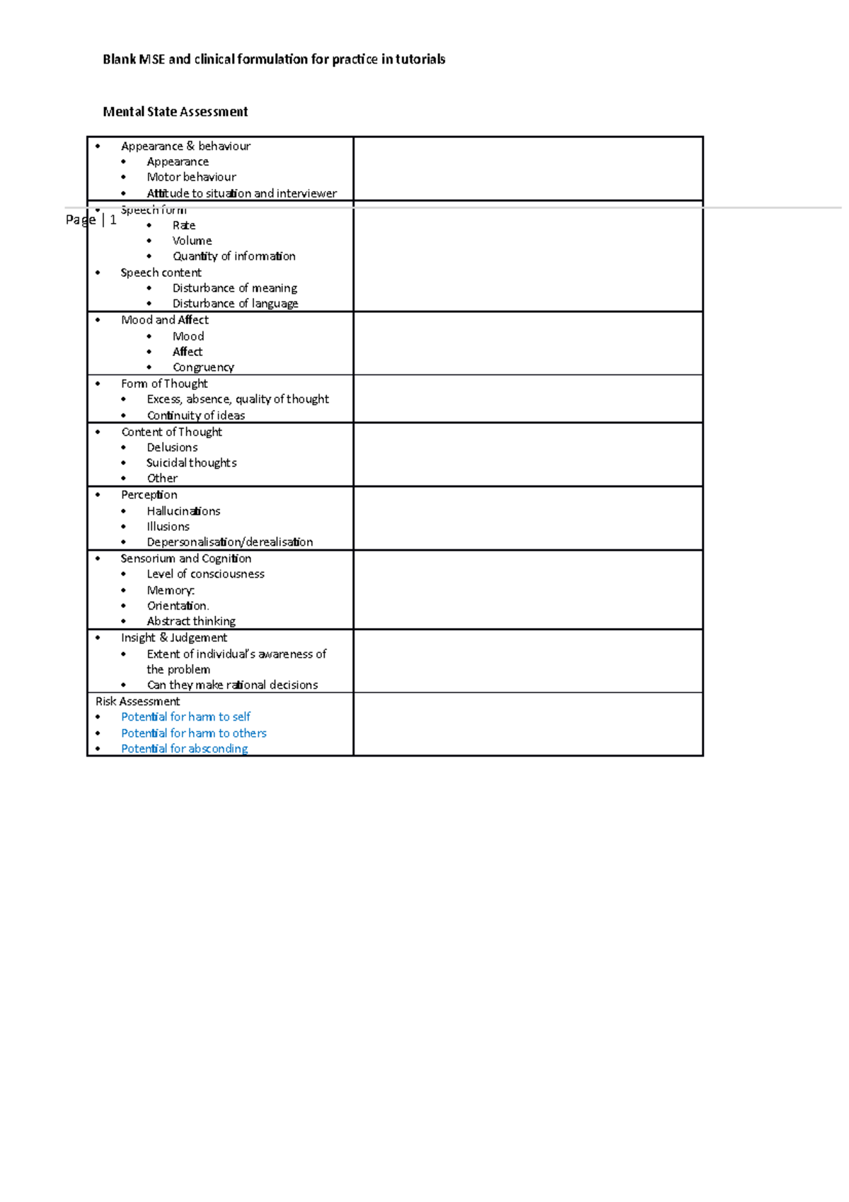 Blank Mental State Assessment and CF 1 - Blank MSE and clinical ...