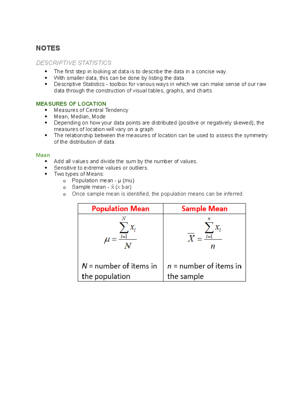 Statistics - NOTES DESCRIPTIVE STATISTICS The first step in looking at ...