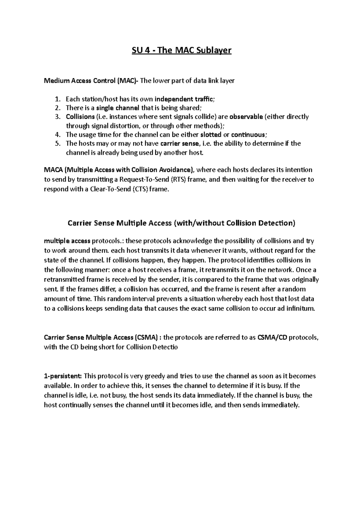 `SU4 - Summary of lesson - SU 4 - The MAC Sublayer Medium Access ...