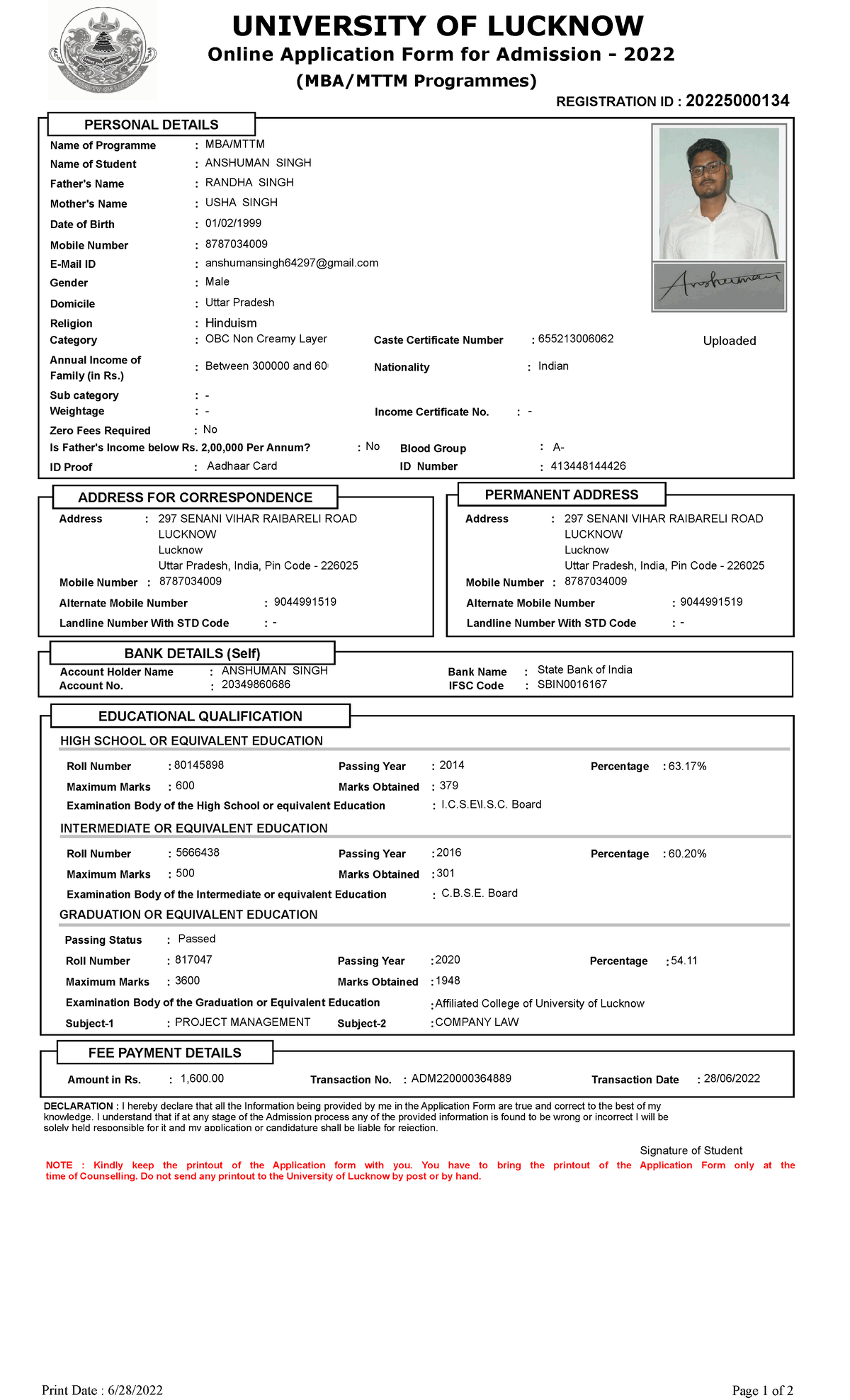 Lu - Business - UNIVERSITY OF LUCKNOW Online Application Form for ...