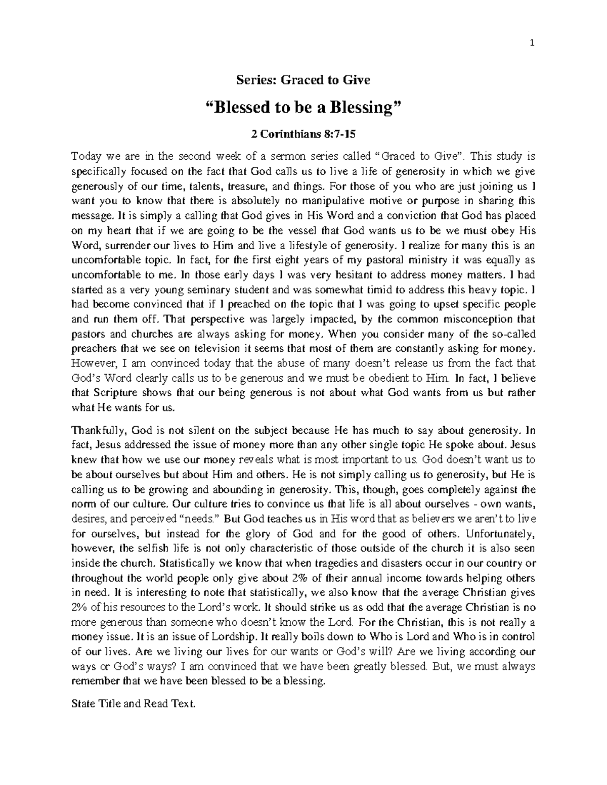 Graced+to+Give Blessed+to+be+a+Blessing - Series: Graced to Give ...