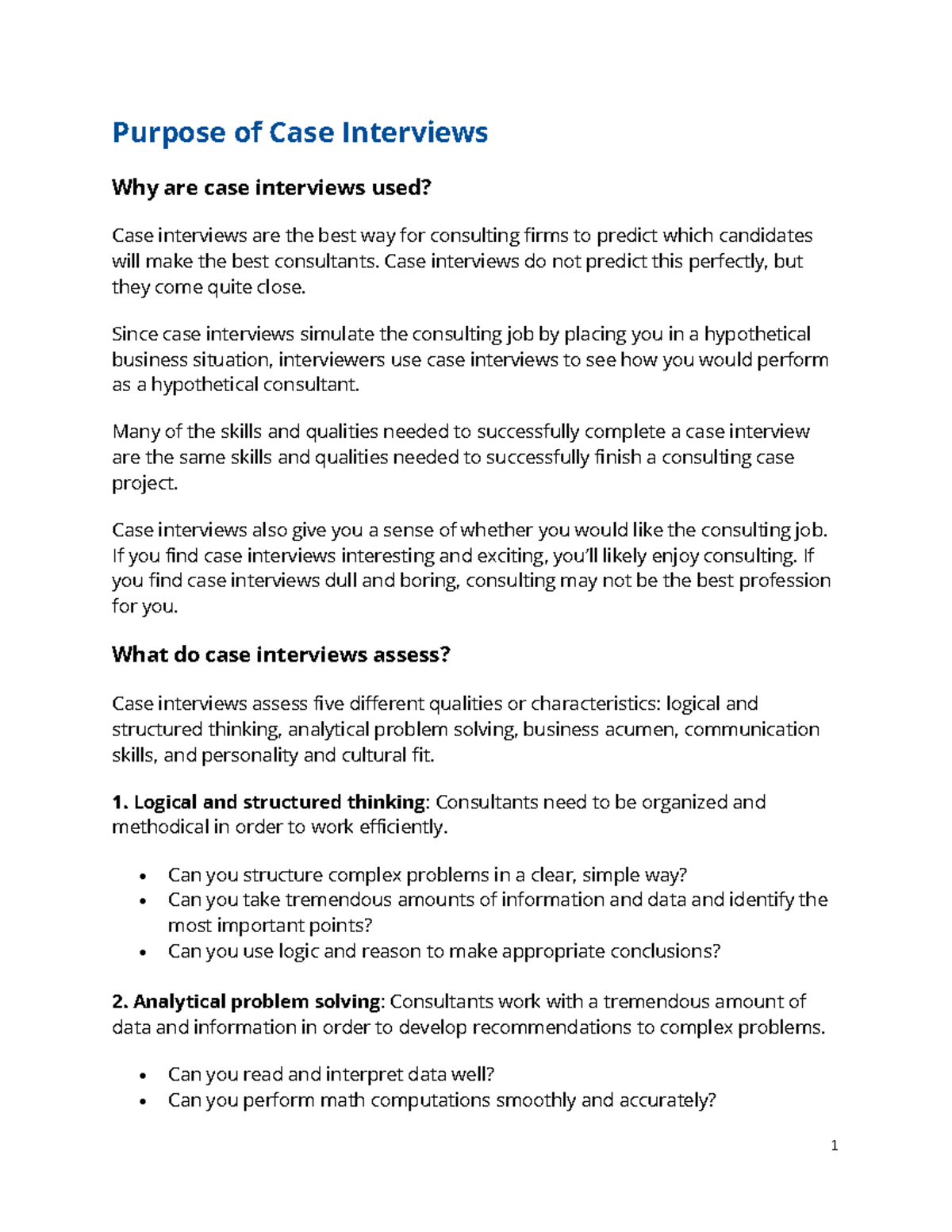 Purpose of and Preparation for Case Interviews - Purpose of Case ...