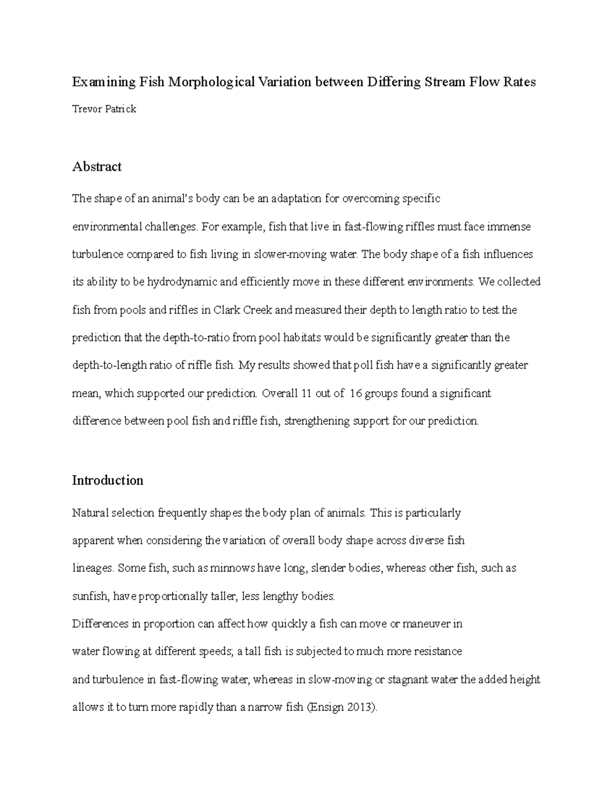 Examining Fish Morphological Variation between Differing Stre - For ...