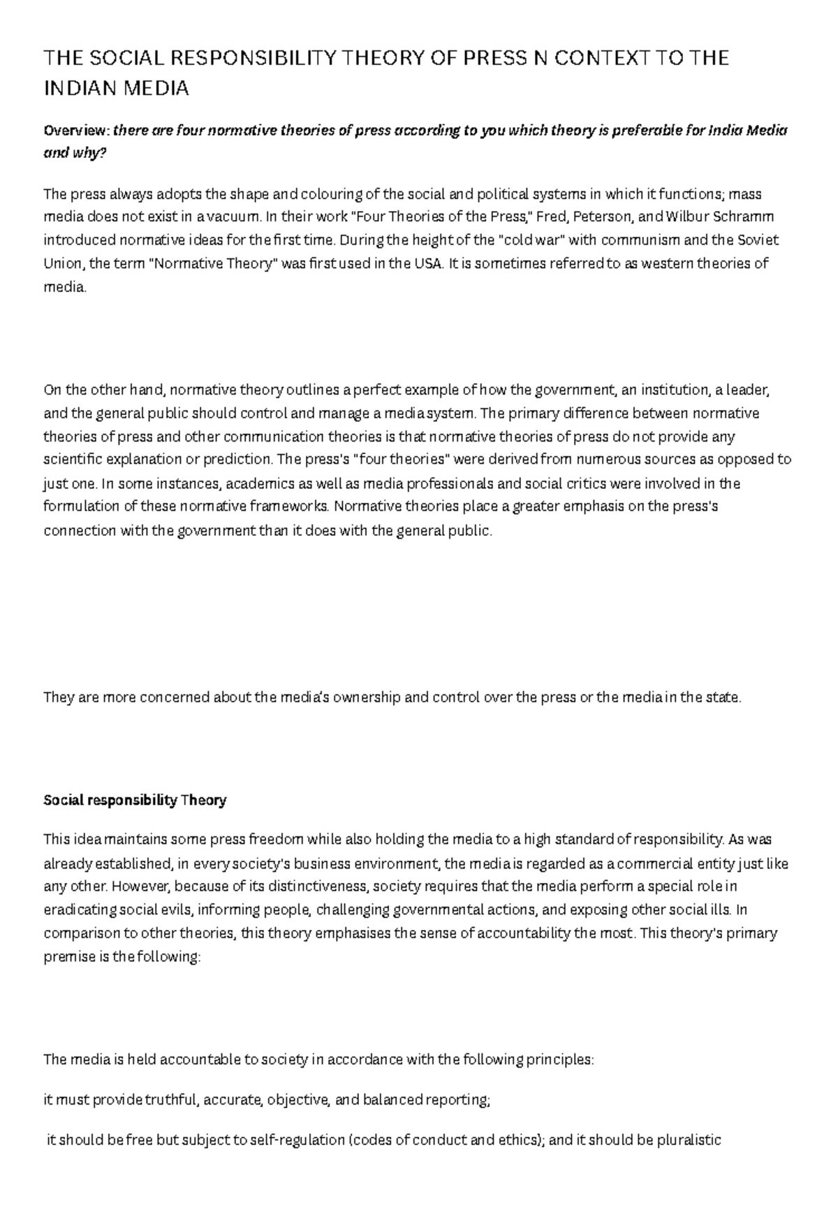 THE Social Responsibility Theory OF Press N Context TO THE Indian Media ...