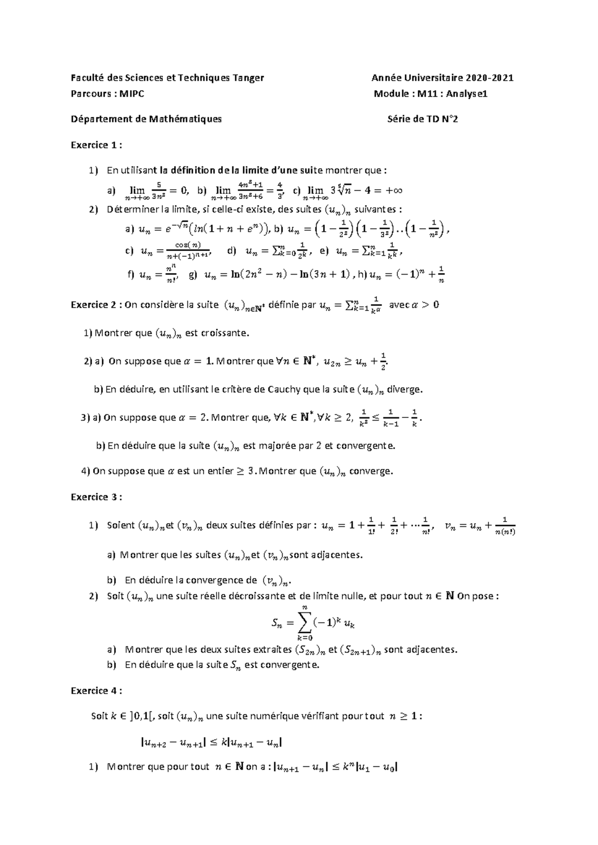 Série 2 - Faculté des Sciences et Techniques Tanger Année Universitaire ...