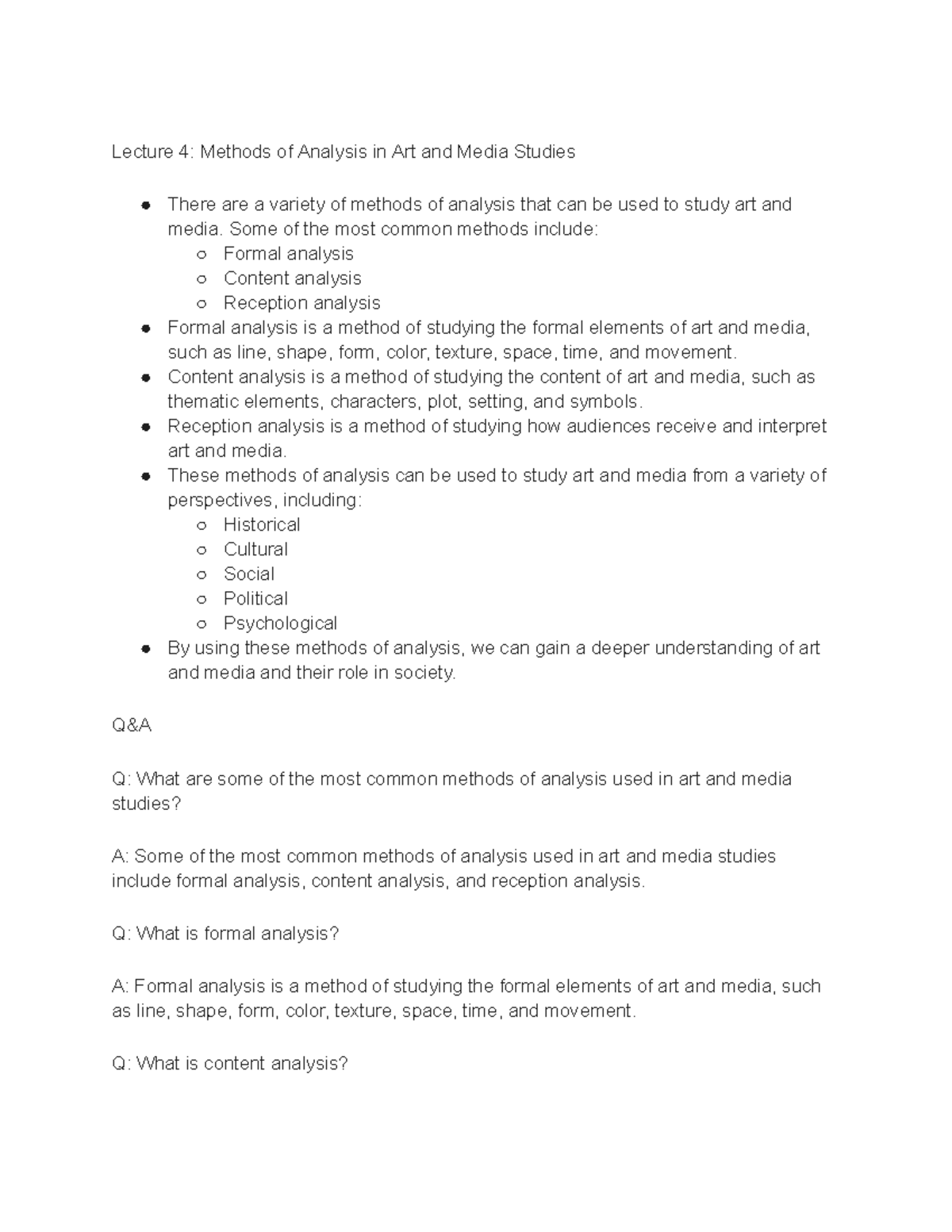 Lecture 4 Methods of Analysis in Art and Media Studies - Some of the ...