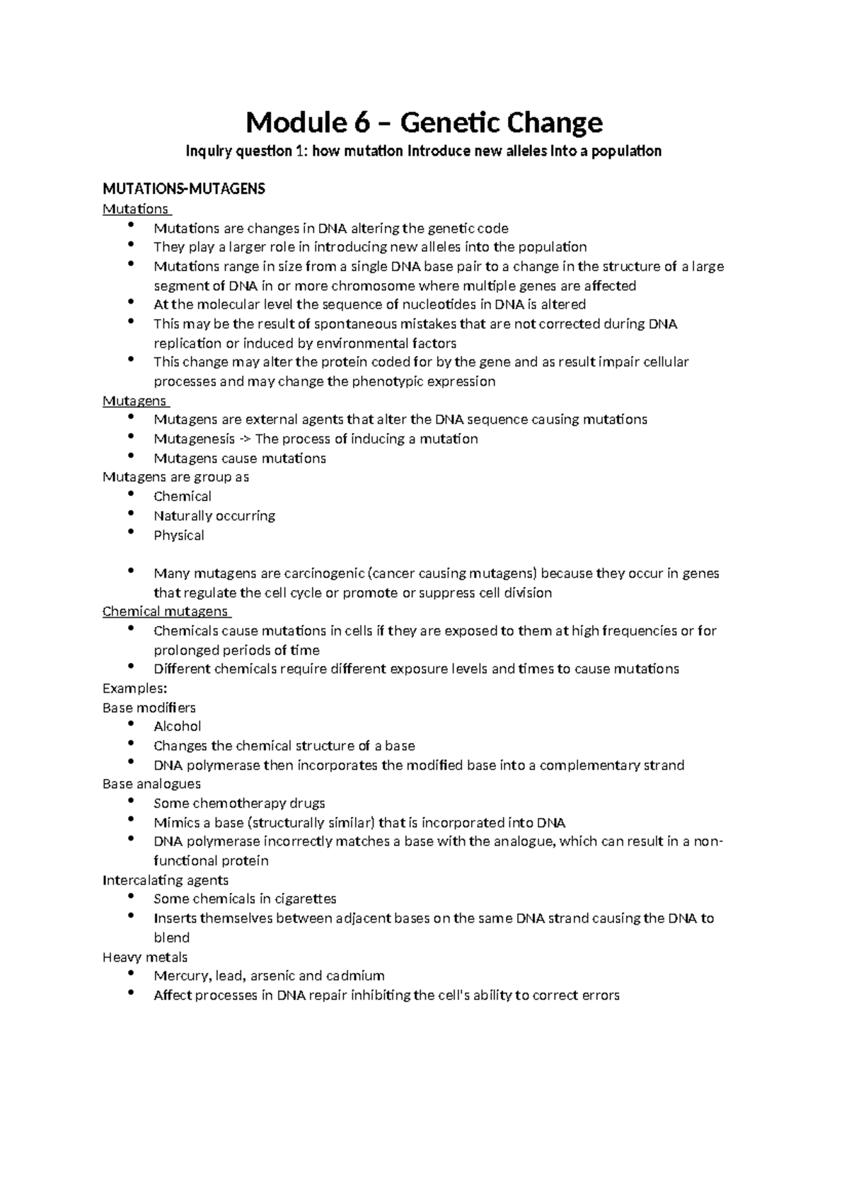 Module 6 - Bio - Module 6 – Genetic Change Inquiry question 1: how ...
